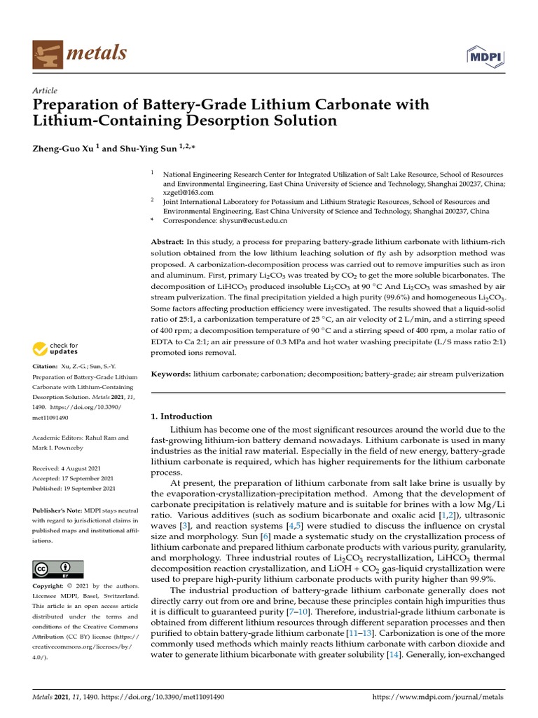 Metals: Preparation of Battery-Grade Lithium Carbonate With Lithium ...