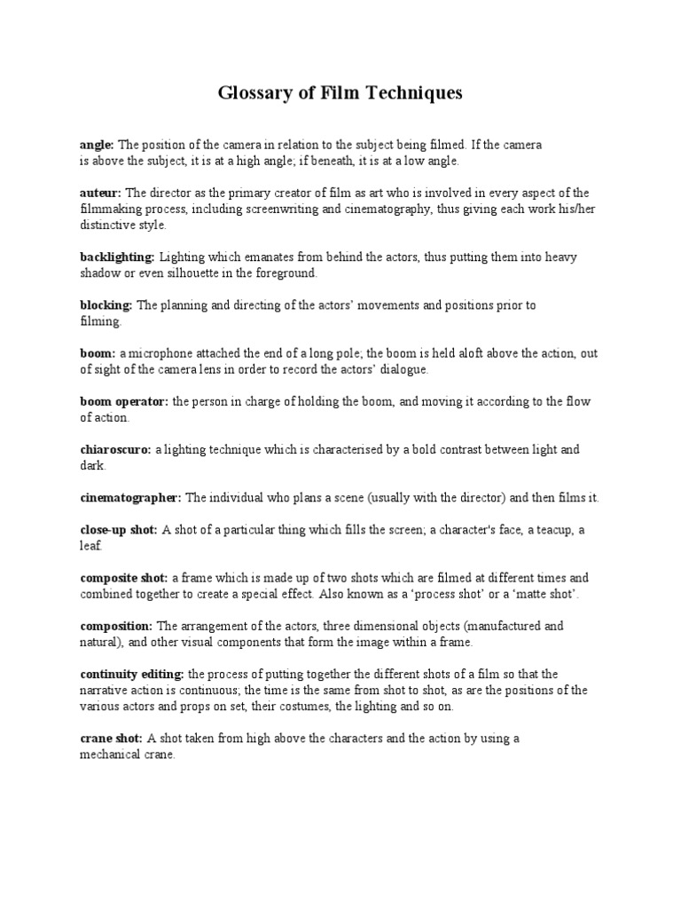 Film Techniques Glossary | PDF | Cinematography | Camera