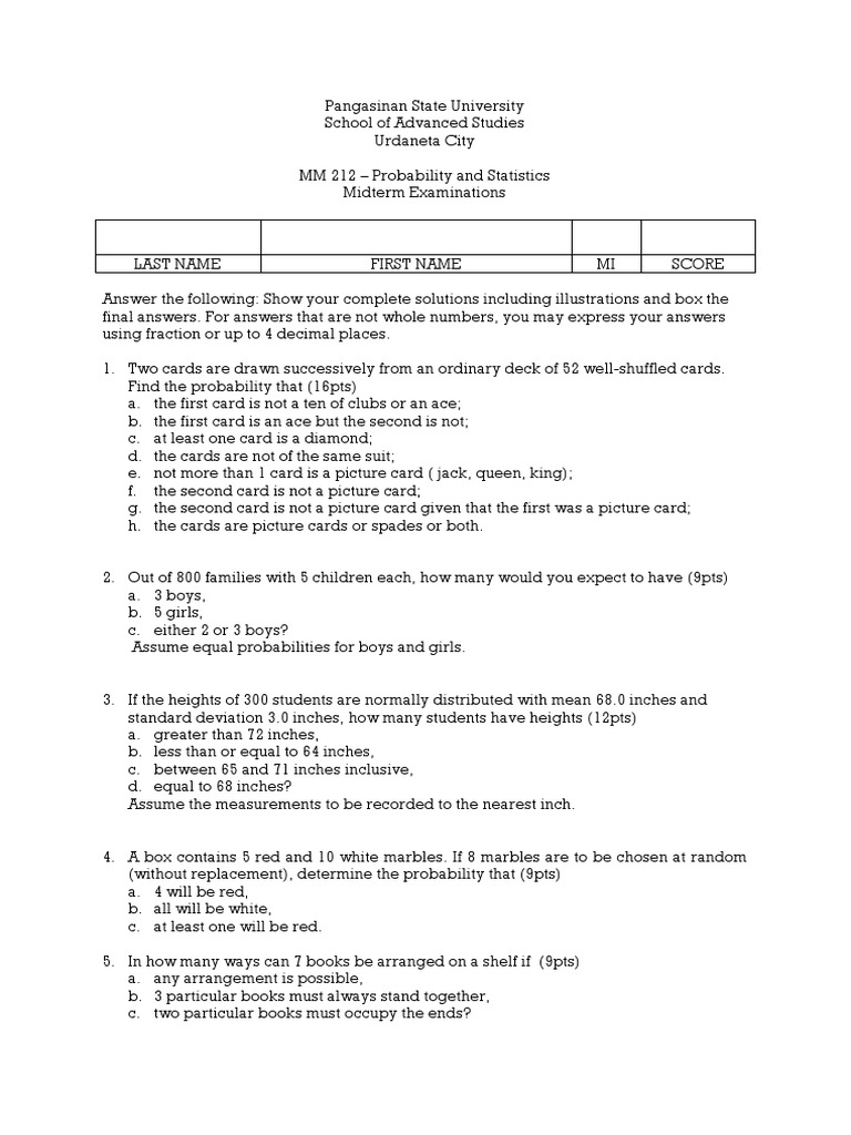 Midterm Exam - Probability and Statistics | PDF | Standard Deviation | Normal Distribution