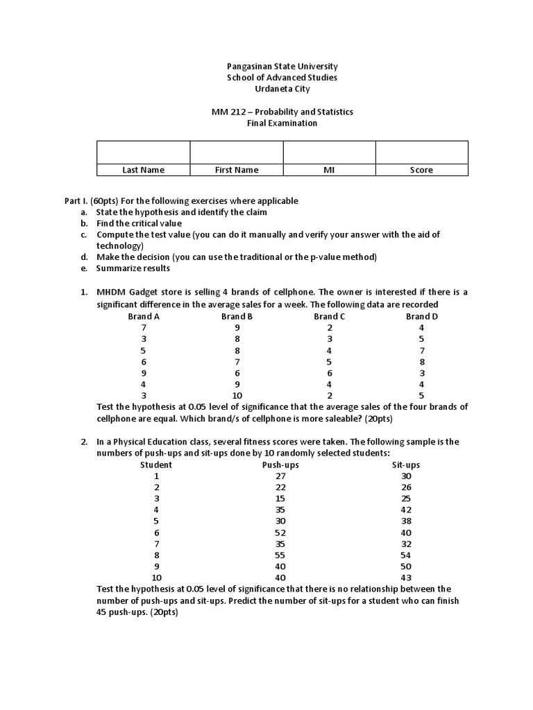Final Exam - Probability and Statistics | PDF | Statistics | P Value