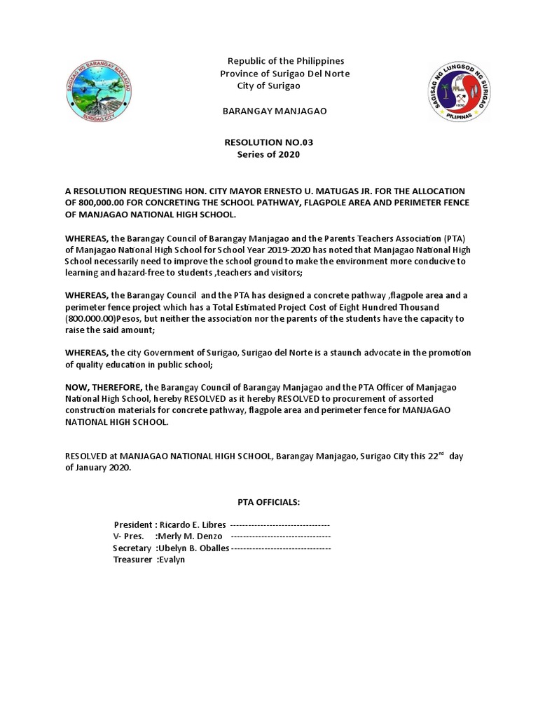 Republic of The Philippines Province of Surigao Del Norte City of Surigao Barangay Manjagao ...