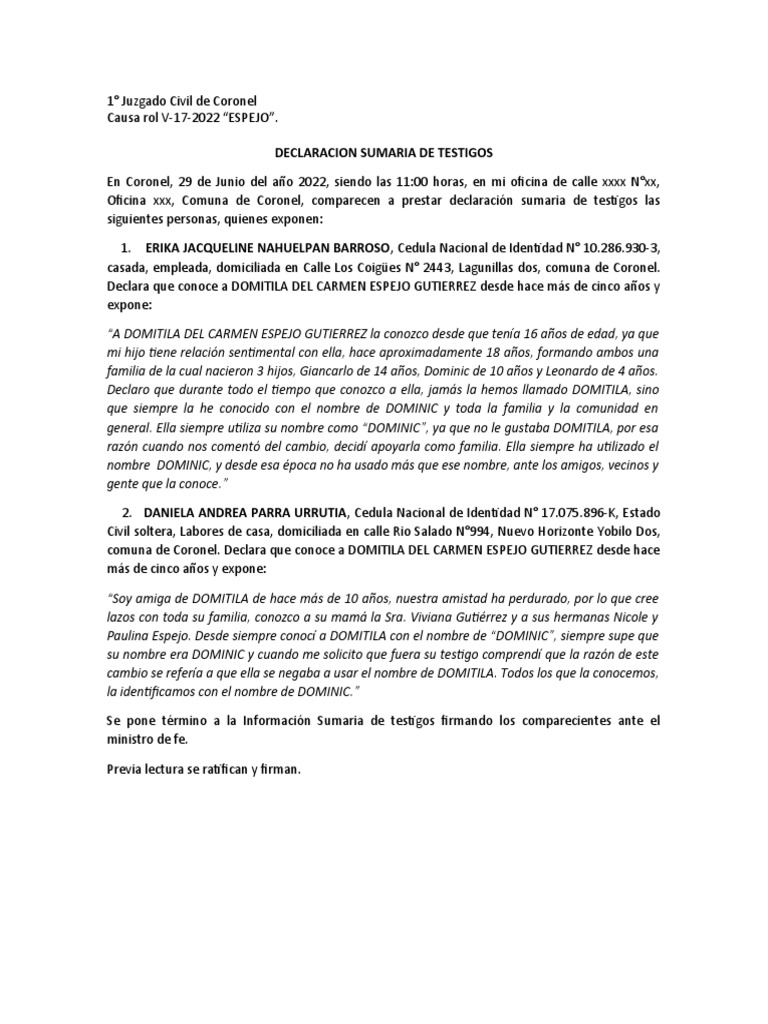 Declaracion Sumaria de Testigos | PDF