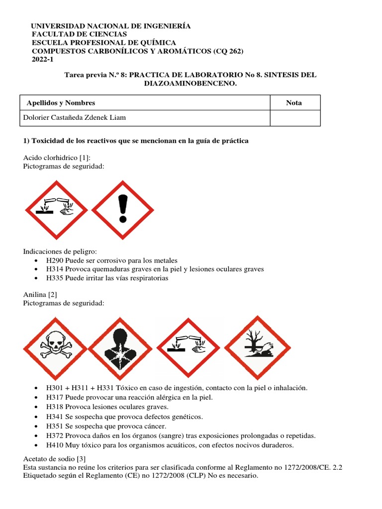 Tarea Previa 8 Organica II | PDF | Ácido clorhídrico | Toxicidad
