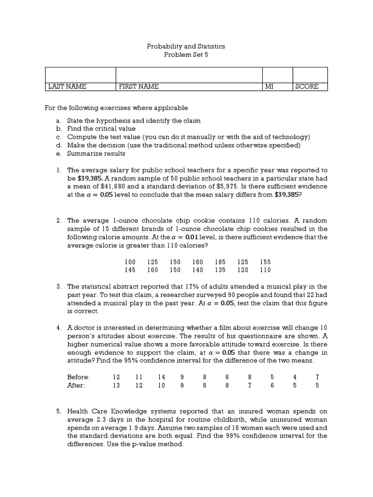 Probability and Statistics - Problem Set 5 | PDF | Statistics ...