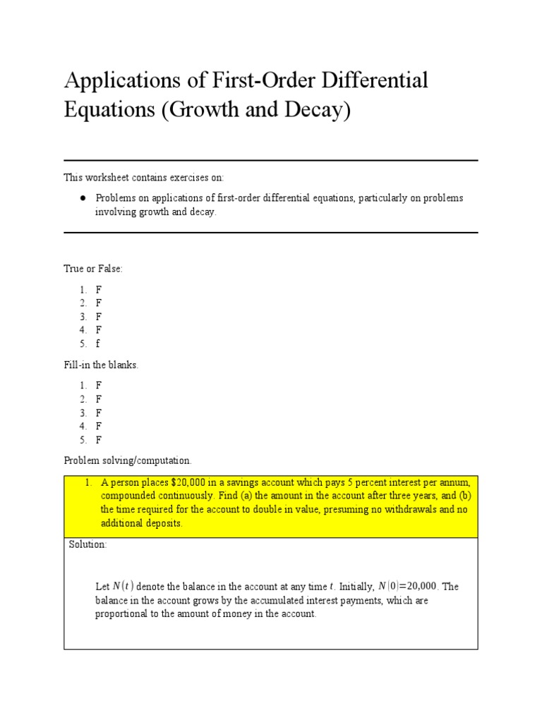Applications of First Order de Growth and Decay | PDF | Interest ...