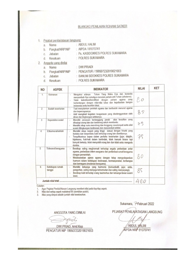 Blangko Penilaian Rohani Satker | PDF