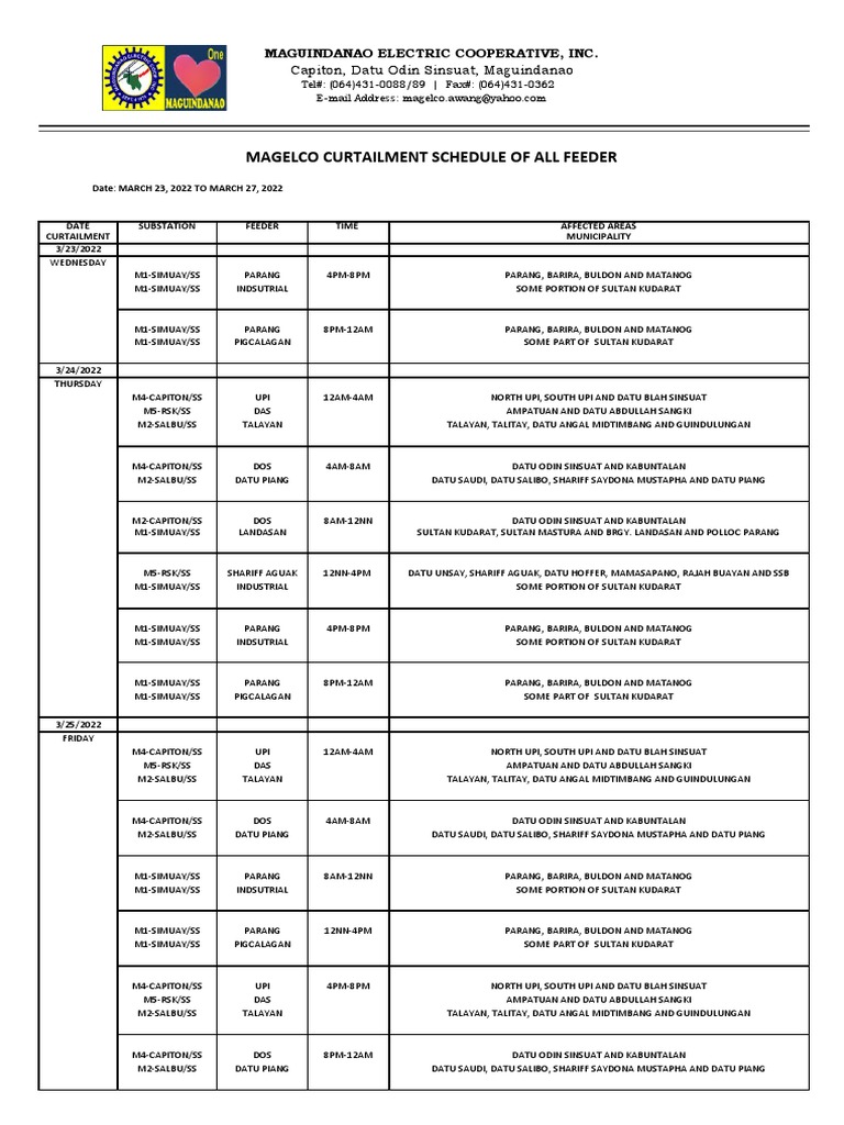 Magelco Curtailment Schedule of All Feeder: Maguindanao Electric ...