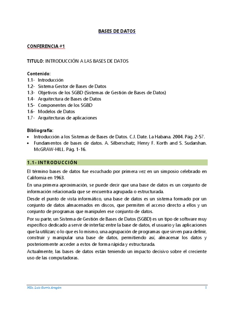 Conferencia 1 - INTRODUCCIÓN A LAS BASES DE DATOS | Descargar gratis PDF | Bases de datos | Base ...