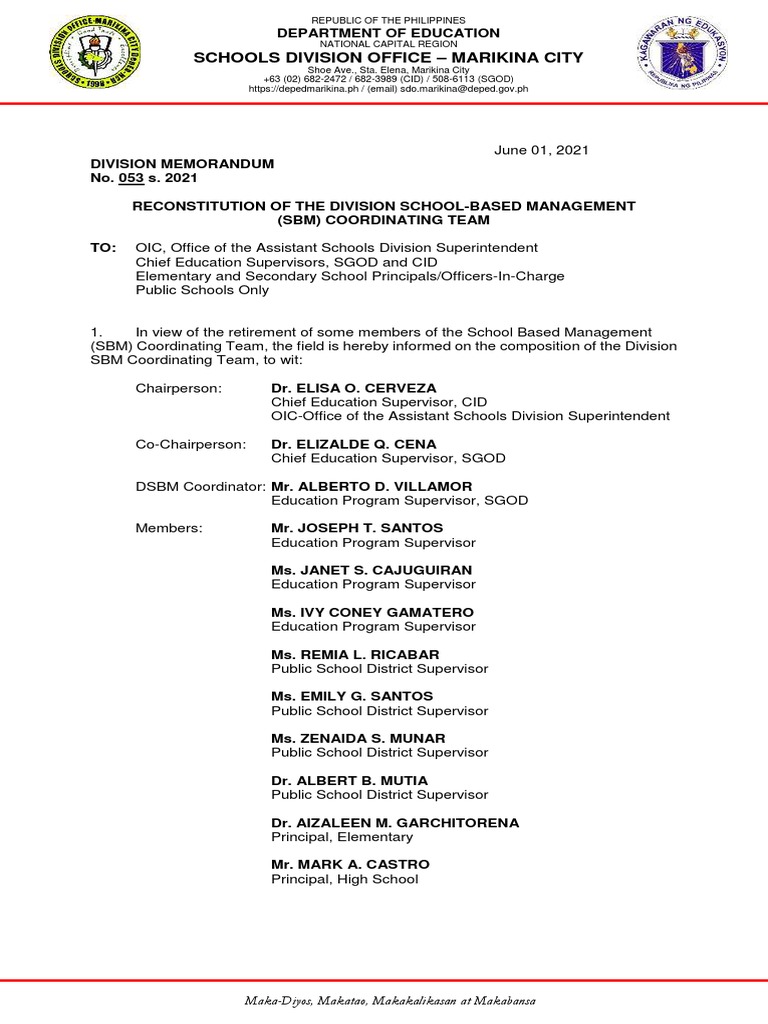 Division Memorandum No. 053 S. 2021 Reconstitution of The Division ... Division Memorandum No. 053 S. 2021 Reconstitution of The Division ...