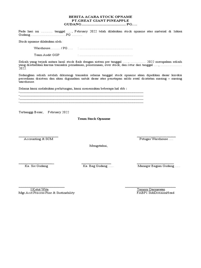 Format Berita Acara Stock Opname B3SM | PDF