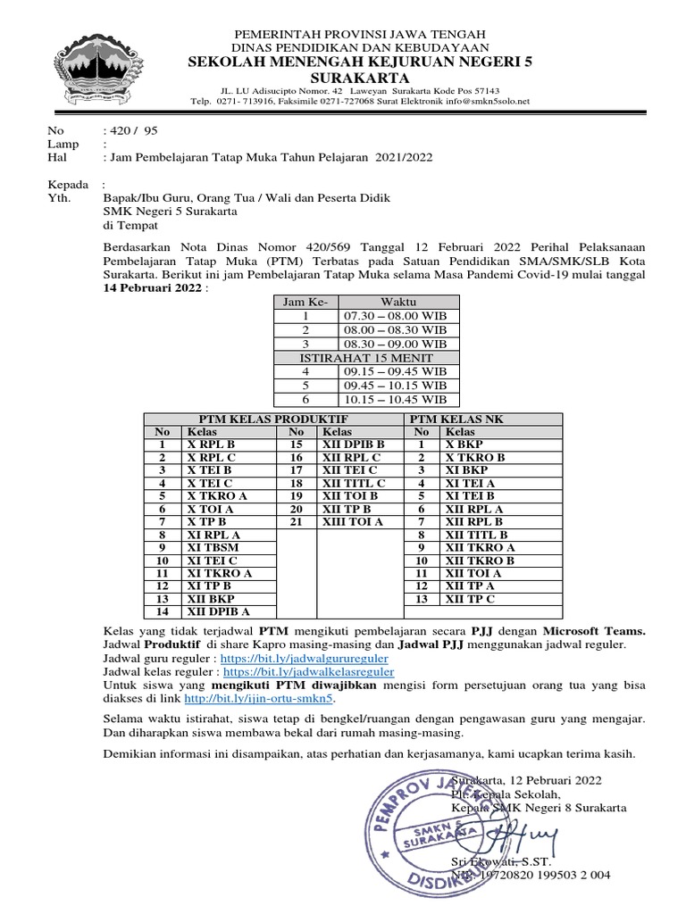 Edaran PTM 50% 2022 12 Feb + JADWAL PTM NK | PDF