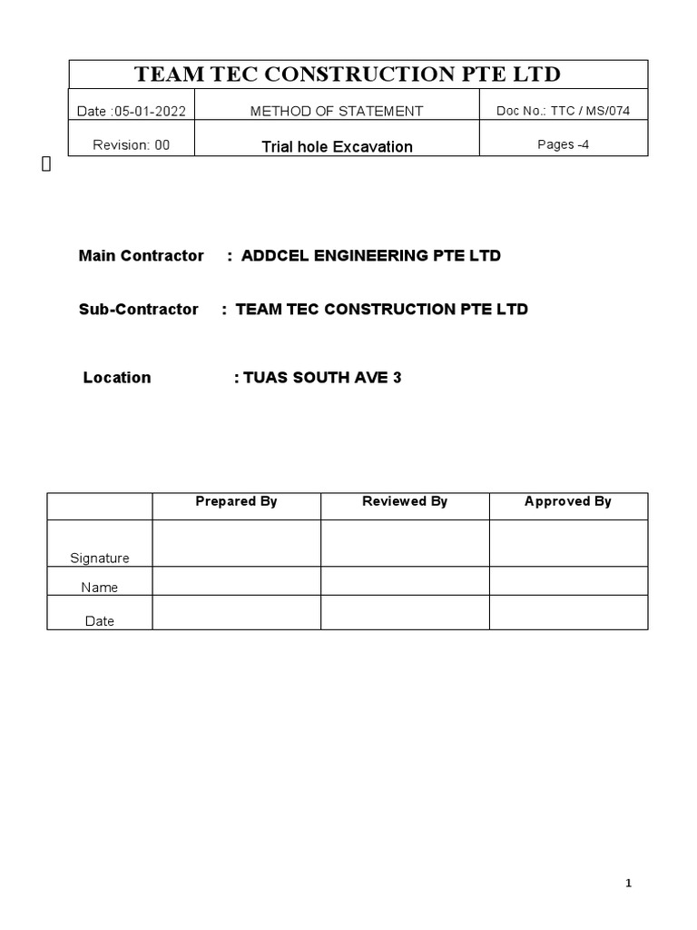 MS For Trial Hole Excavation. | PDF | Trench