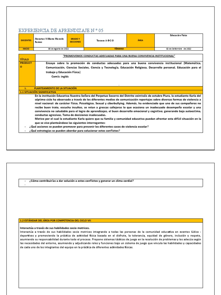Experiencia De Aprendizaje 5 Vii Ciclo 3a Pdf Deportes Aprendizaje