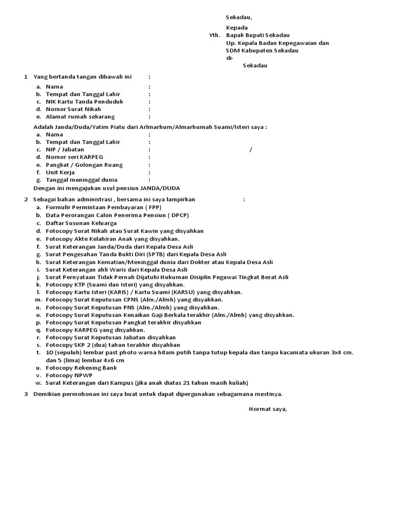 Permohonan Pensiun Janda/Duda Sekadau | PDF