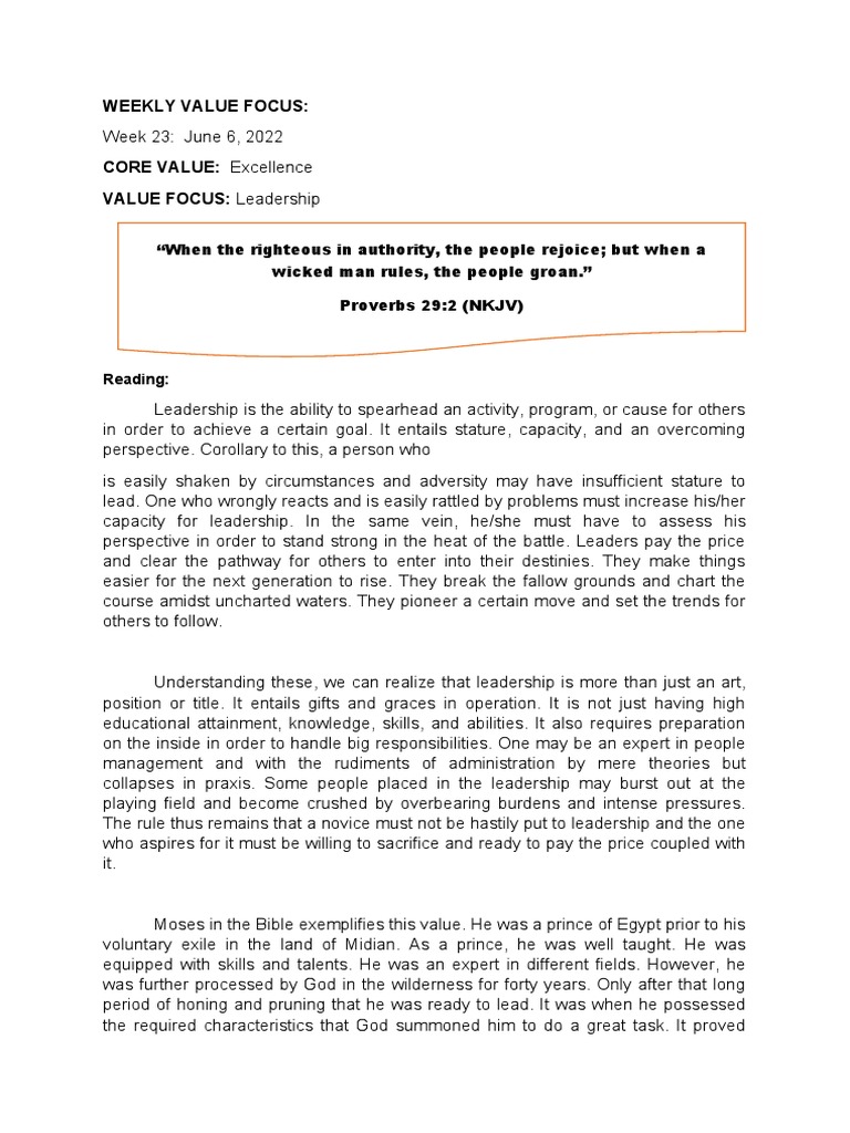 Weekly Value Focus Leadership | PDF | Leadership