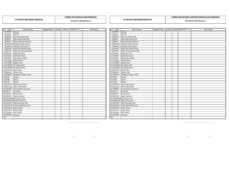 Form Masuk ATK & Inventaris Produksi Dan Inspeksi | PDF