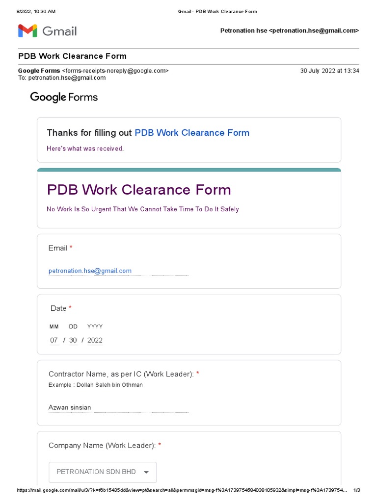 PDB Work Clearance Form: Thanks For Filling Out | PDF