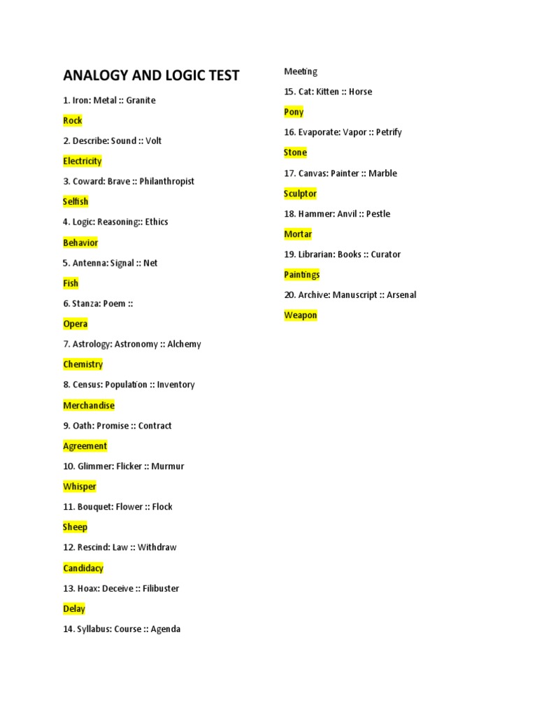 Analogy and Logic Test Questions | PDF