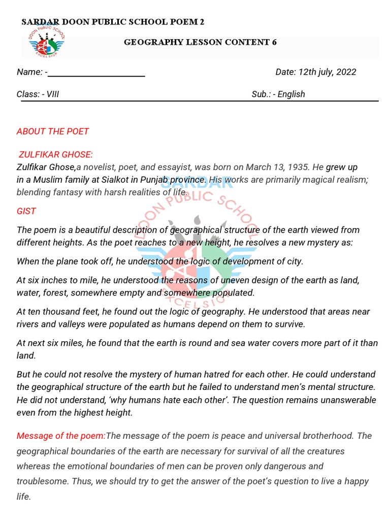 Poem 2 Geography Lesson | PDF | Poetry | Cognitive Science