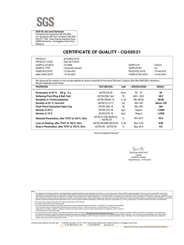 Certificate of Quality - Cq/020/21: SGS Oil, Gas and Chemicals | PDF ...