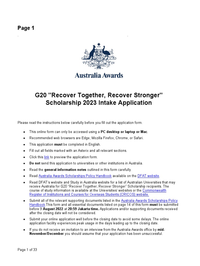 G20 Scholarships Application Form Intake 2023 | PDF | Doctor Of ...