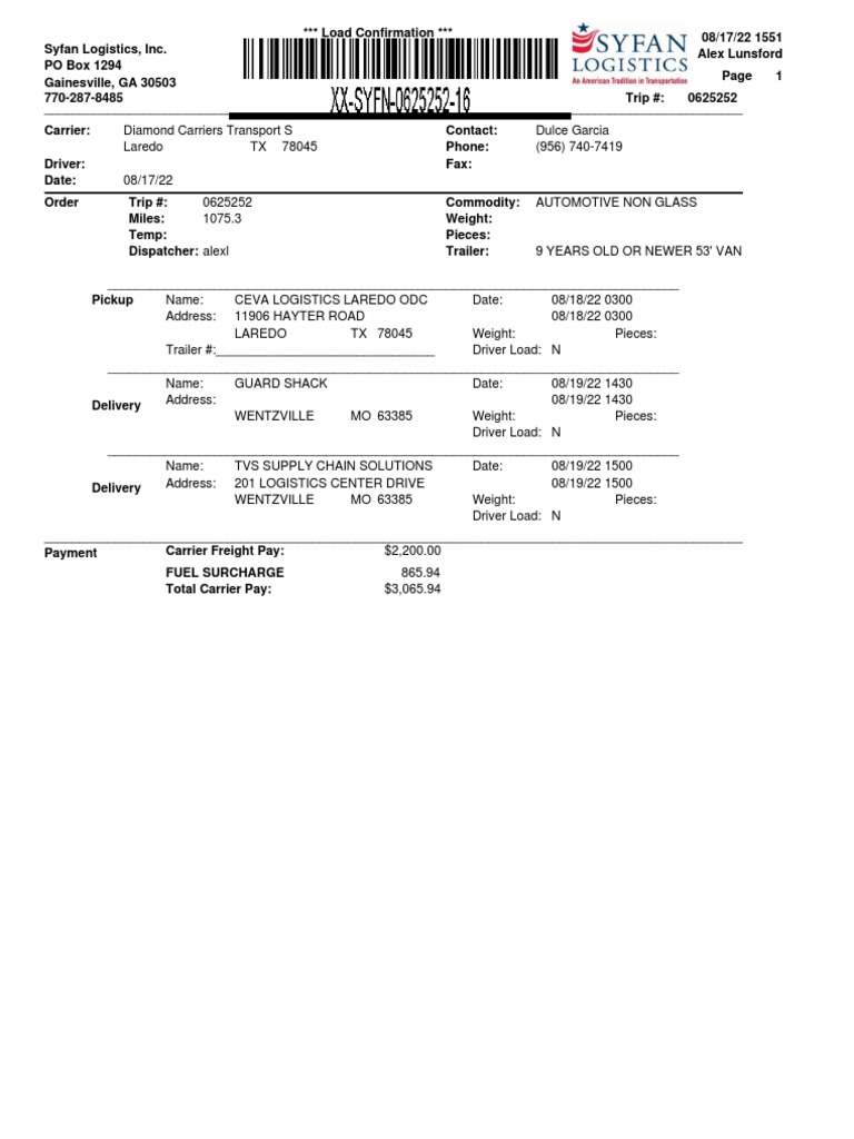 Logistics Load Confirmation | PDF | Cargo | Bill Of Lading