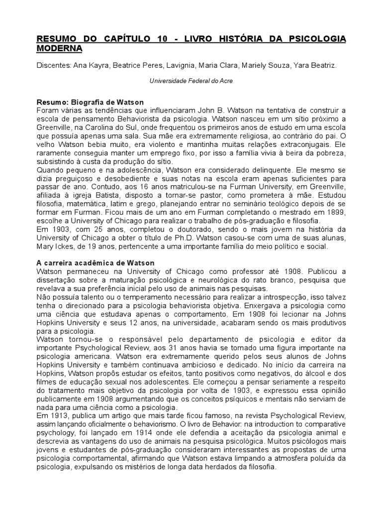 Resumo Capitulo 10 Livro A História Da Psicologia Moderna | PDF | Behaviorismo | Comportamento