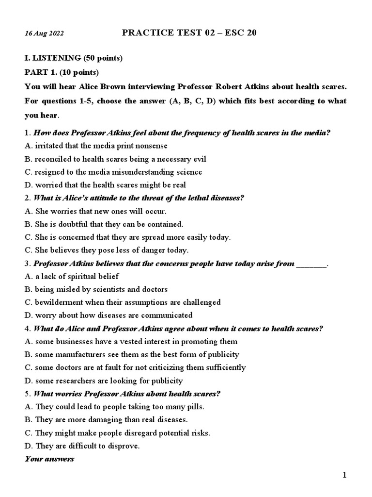 Practice Test 02 - Esc 20: Your Answers | PDF | Mars | Life On Mars