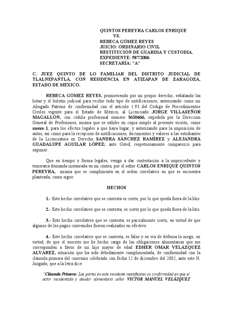 Contestación de Demanda de Guardia y Custodia | PDF | Pensión ... Contestación de Demanda de Guardia y Custodia | PDF | Pensión ...