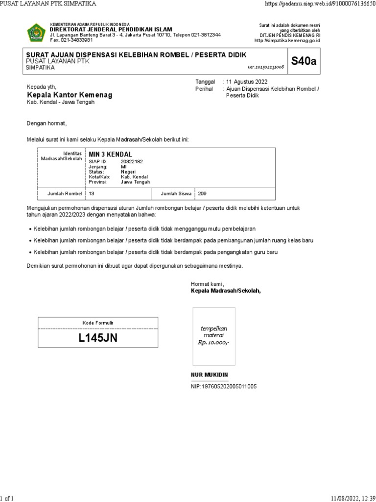 Kepala Kantor Kemenag: Surat Ajuan Dispensasi Kelebihan Rombel / Peserta Didik | PDF