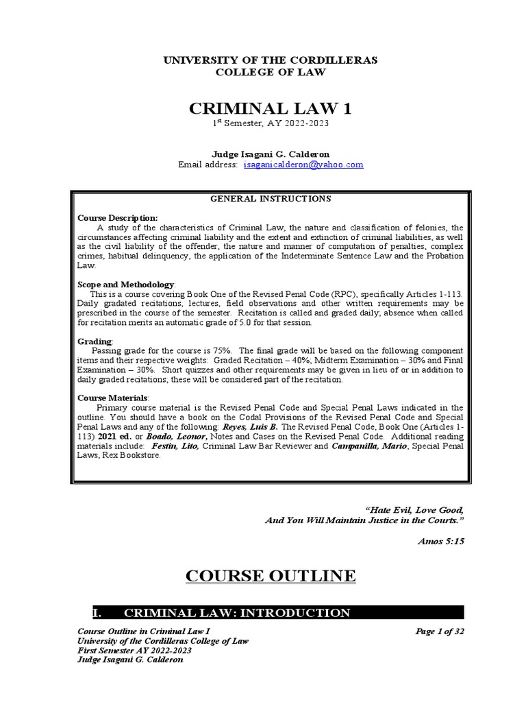 Course Outline in Criminal Law 1 | PDF | Ex Post Facto Law | Criminal Law