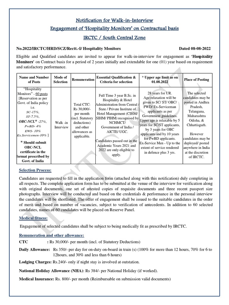 Notification - Walk-In-Interview For The Post of Hospitality-Monitors - IRCTC - SCZ | PDF ...