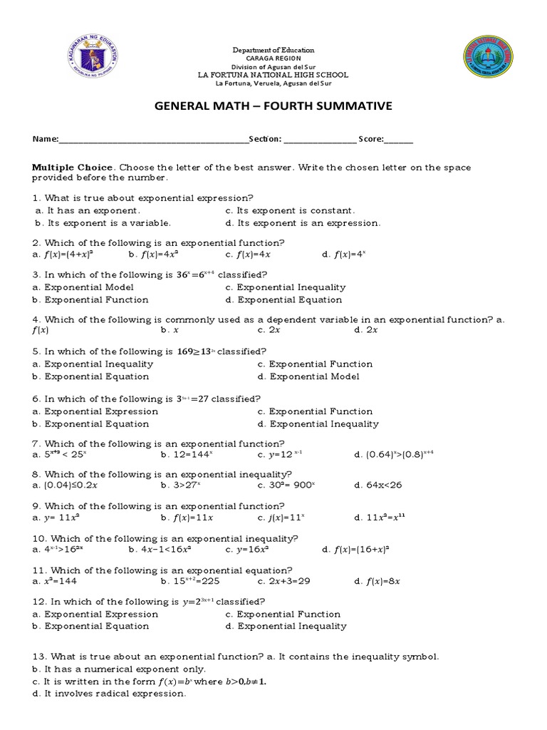 General Math - Fourth Summative | PDF | Exponential Function | Equations General Math - Fourth Summative | PDF | Exponential Function | Equations