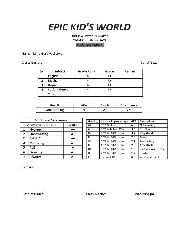 Nursery Marksheet | PDF | Preschool | Student Assessment And Evaluation