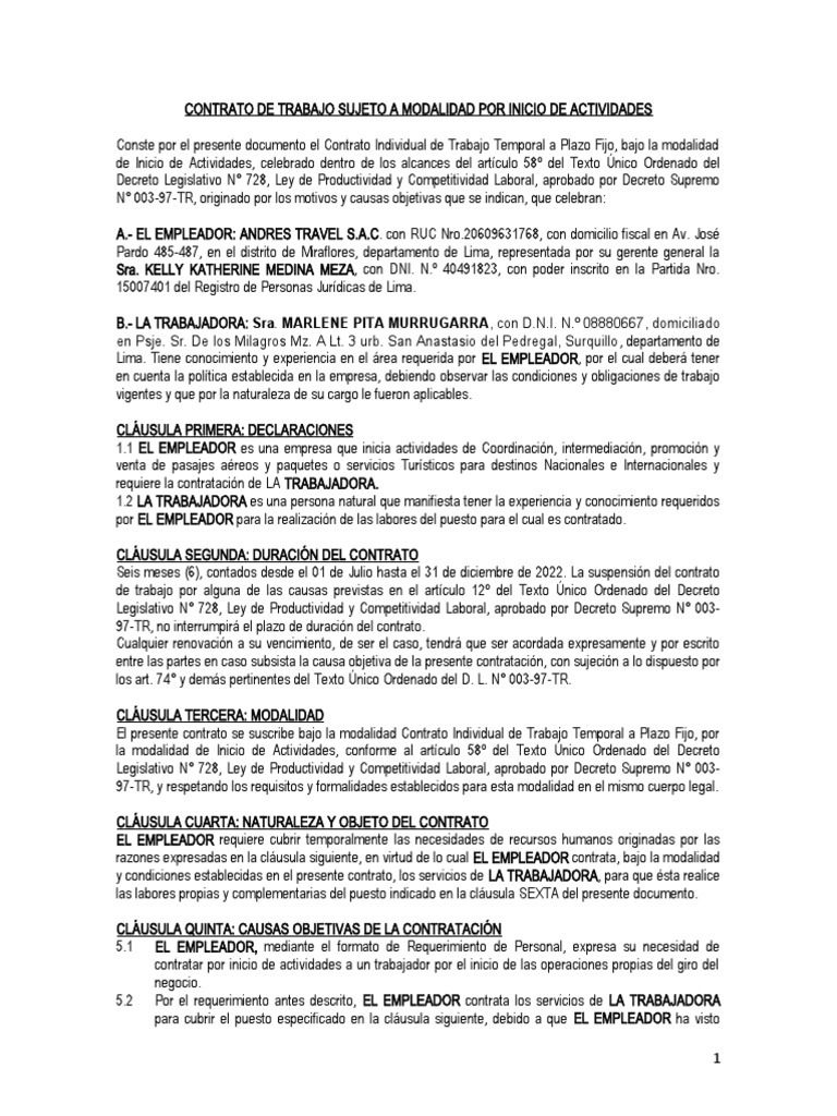 Contrato de trabajo temporal por inicio de actividades para puesto de Ejecutiva de Ventas | PDF ...