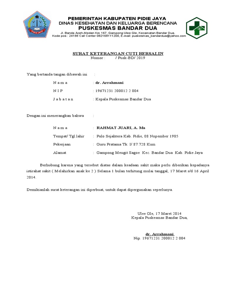 SURAT KET CUTI BERSALIN Lisa 2013 | PDF