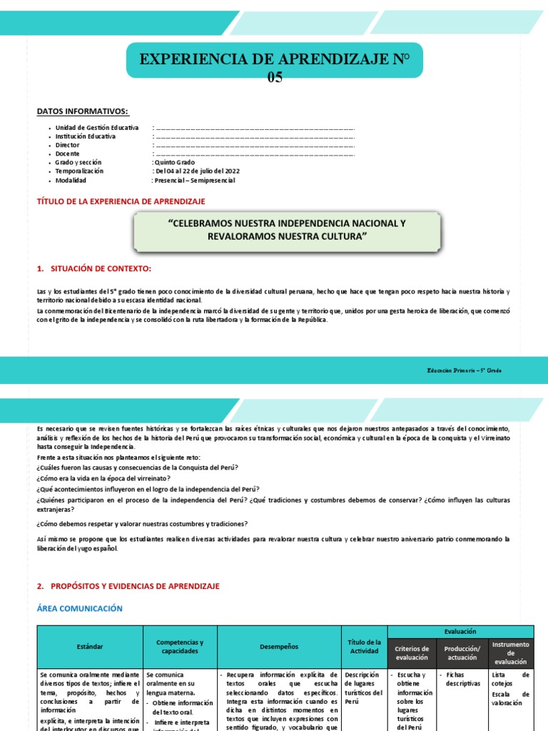 Experiencia de Aprendizaje 5 5º 2022 | PDF | División (Matemáticas) | Evaluación