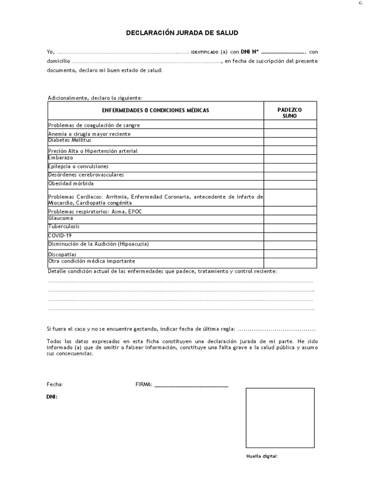 Declaracion Jurada de Salud | PDF