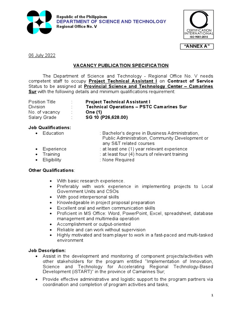 Job Opening: Project Technical Assistant | PDF