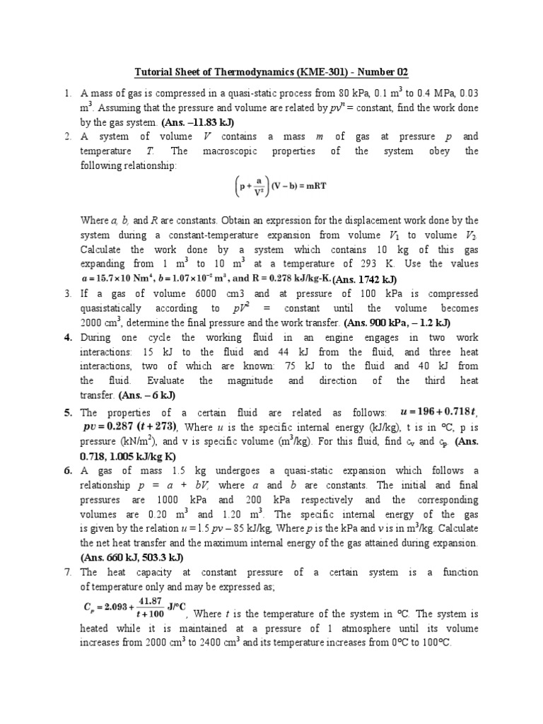 Tutorial Sheets For Thermodynamics 02 | PDF | Heat | Enthalpy