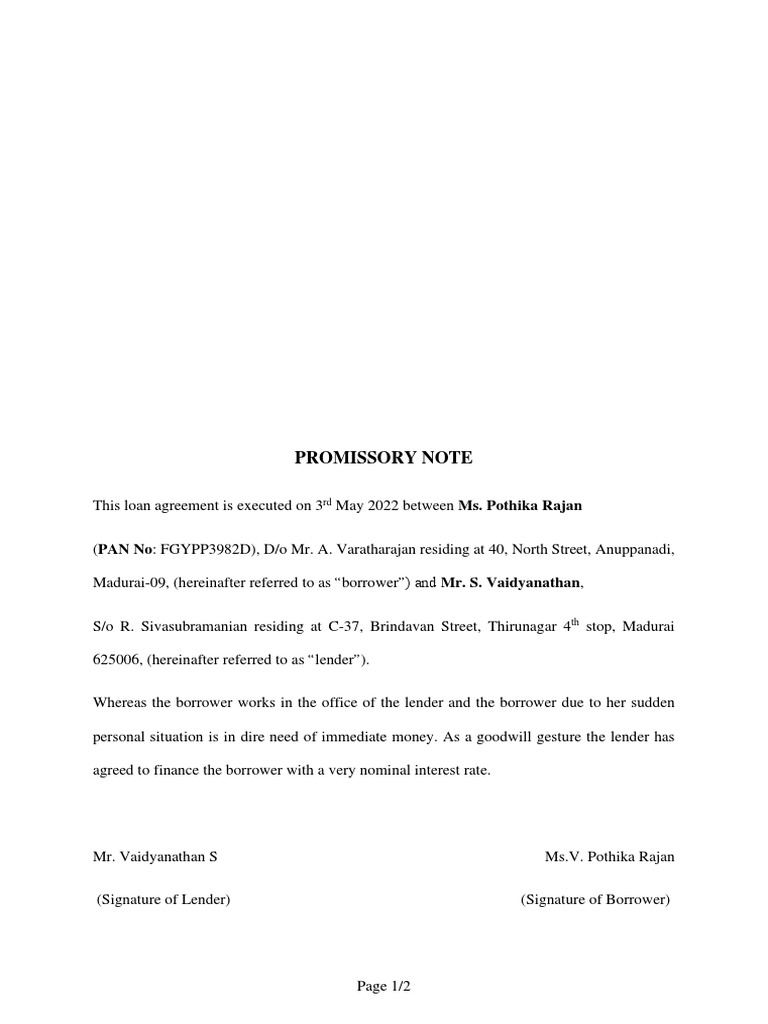 Promissory Note Detailing a Personal Loan Agreement Between Ms. Pothika ...