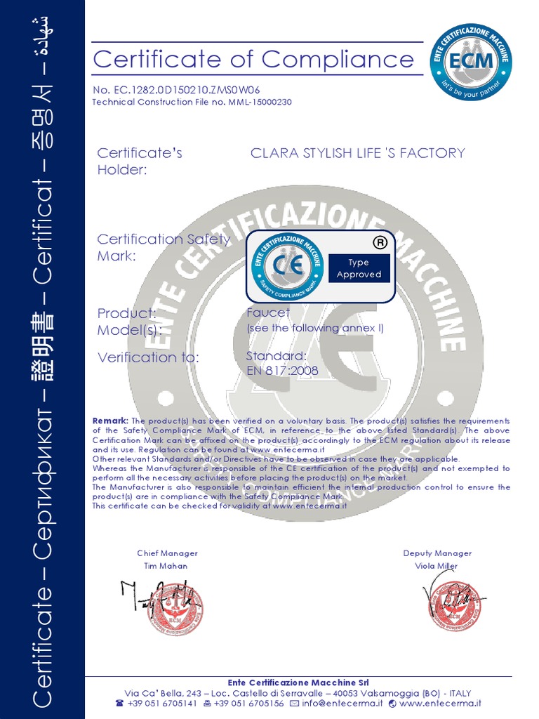 Certificate of Compliance: Certificate's Holder: Clara Stylish Life 'S ...