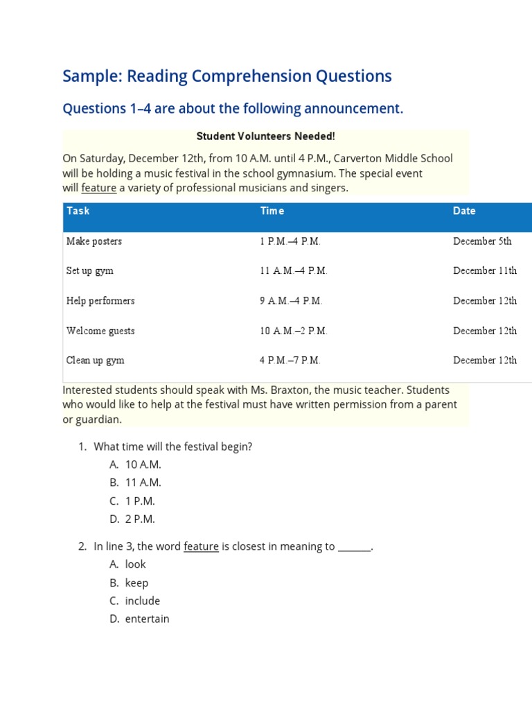 Sample: Reading Comprehension Questions: Questions 1-4 Are About The ...