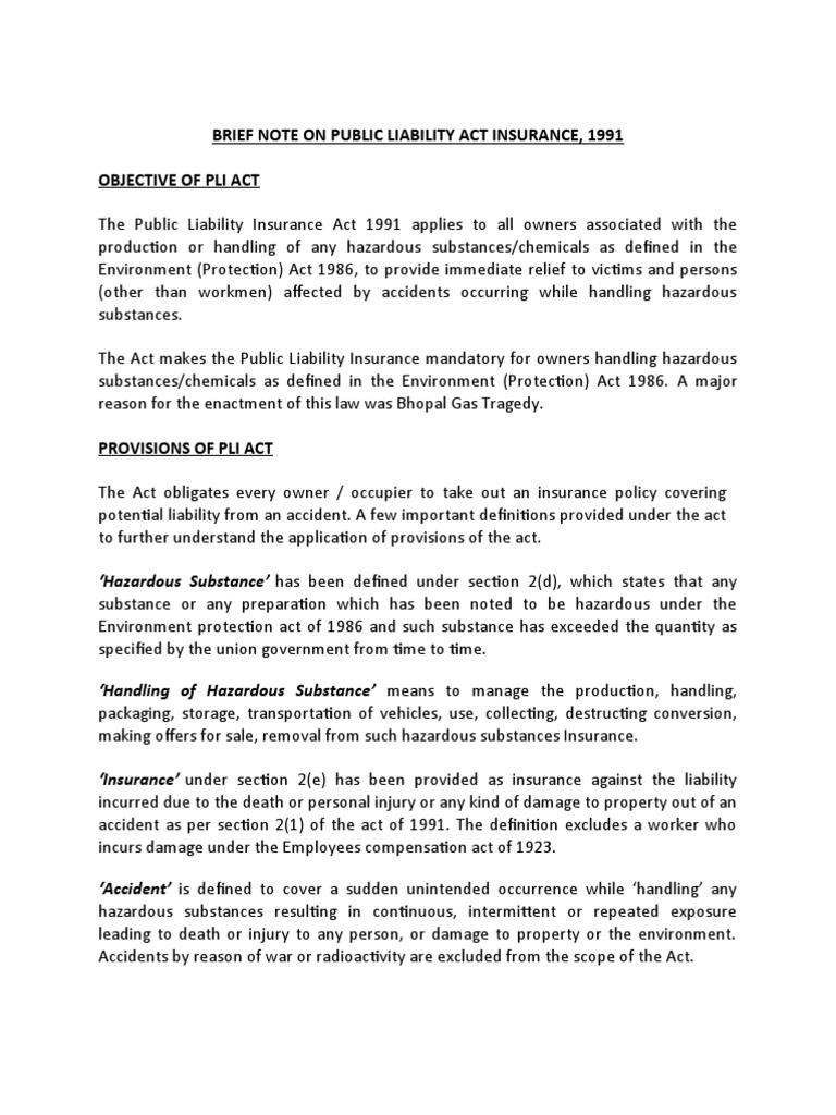 Brief Note On Public Liability Act Insurance, 1991 Objective of Pli Act ...