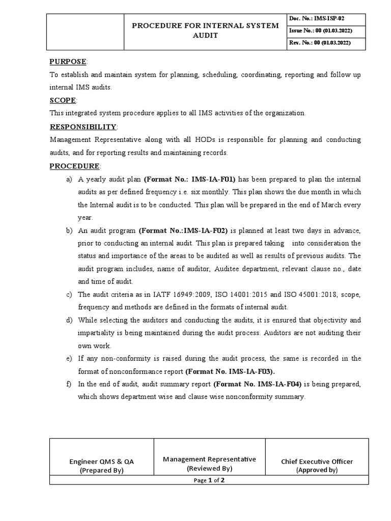 IMS-ISP-02 Rev 00 SOP For Internal System Audit | PDF | Audit | Internal Audit