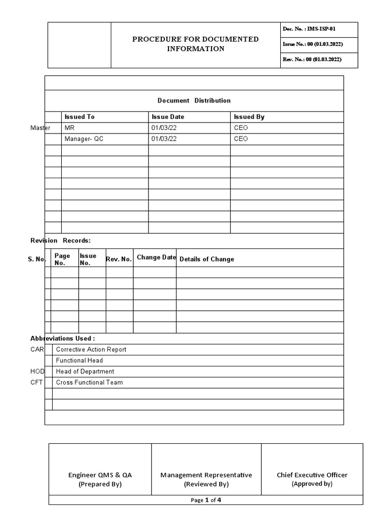 IMS-ISP-01 Document Control Procedure | PDF | Specification (Technical ...