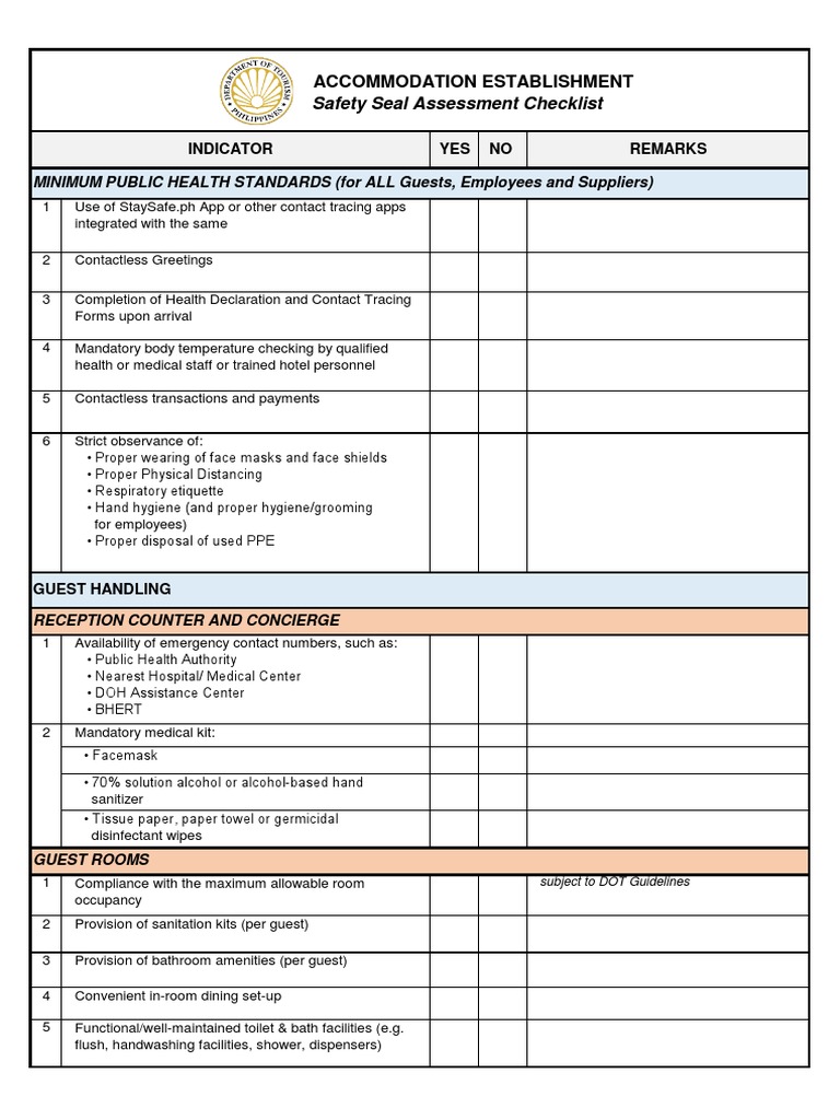 Accommodation Establishment: Safety Seal Assessment Checklist ...
