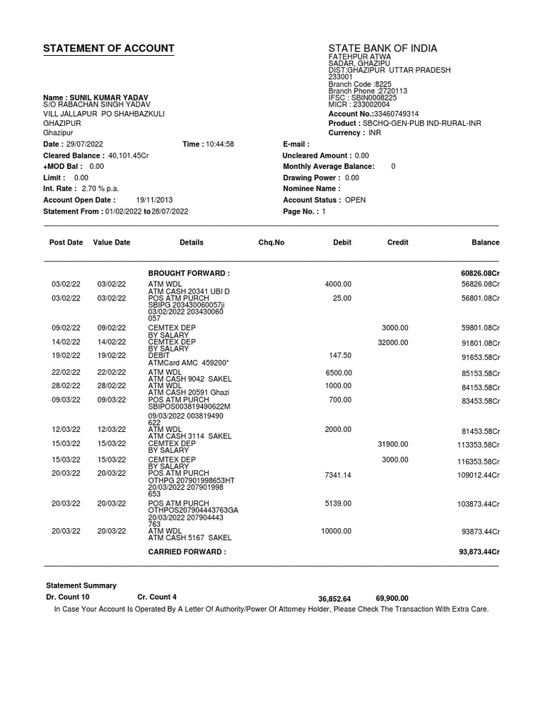 Statement of Account: State Bank of India | PDF | Debit Card ...