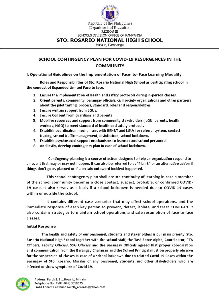 Sto. Rosario National High School's Comprehensive COVID-19 Contingency Plan | PDF | Learning ...