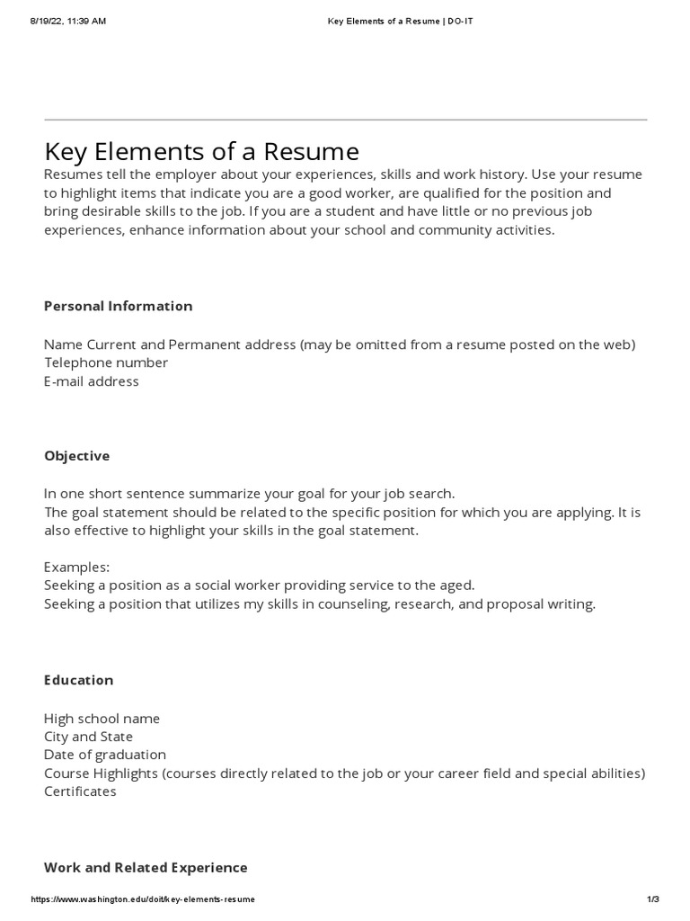 Key Elements of A Resume - DO-IT | PDF | Résumé